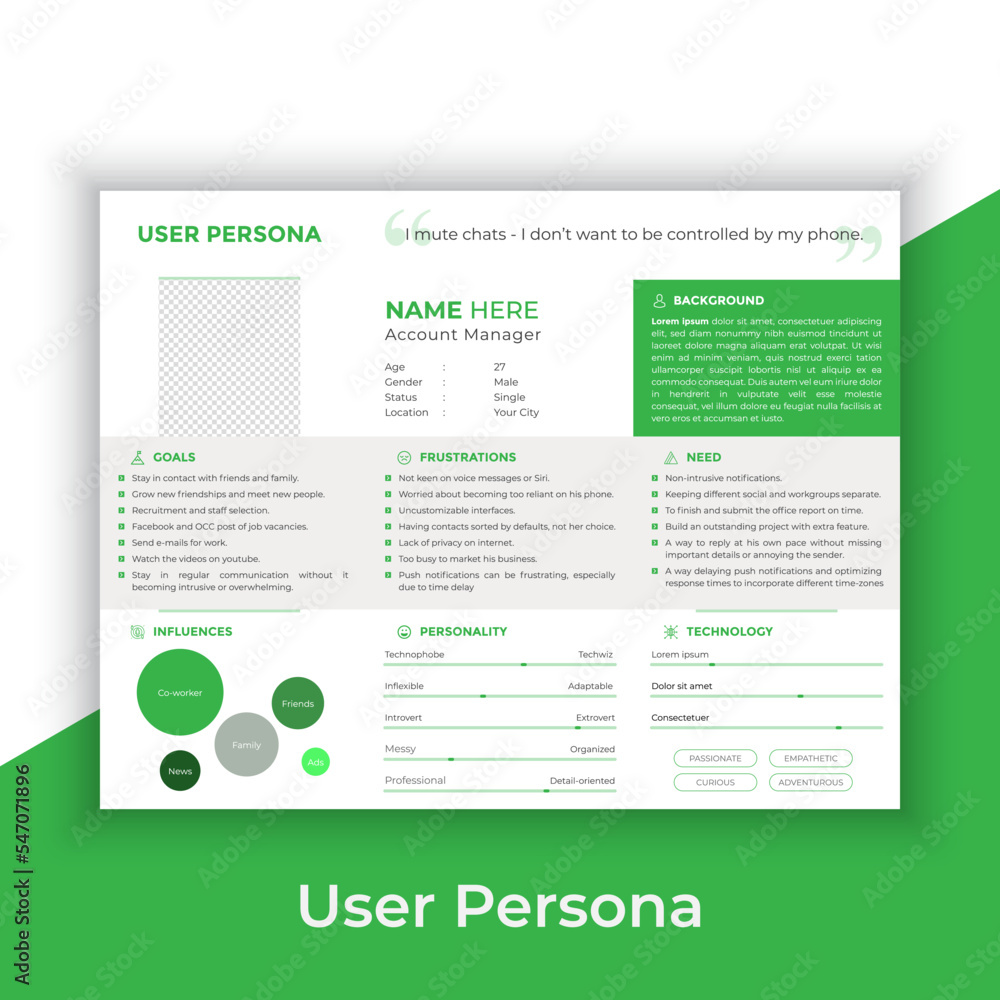 User Persona Document Template Vector Illustration. Examples of User ...