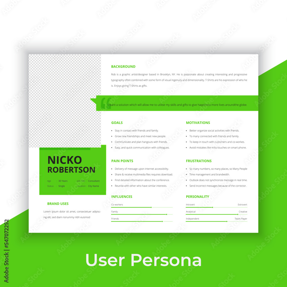 User Persona Document Template Vector Illustration. Examples of User ...