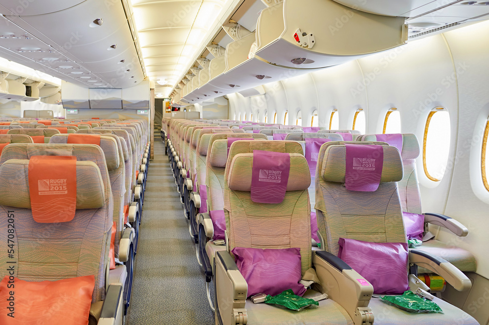 BANGKOK, THAILAND - SEPTEMBER 09, 2015: inside of Emirates Airbus A380 ...