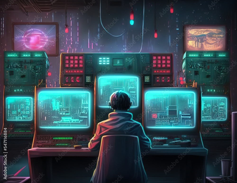 Anonymous figure working at multiple computer terminals Stock ...