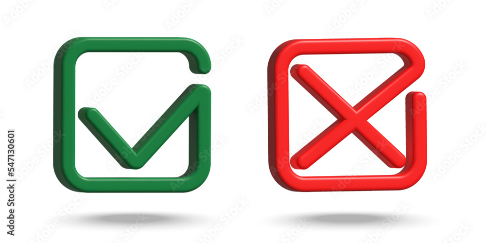 3D Check mark tick and cross. Glossy square green and red check mark sign . Symbols of ...