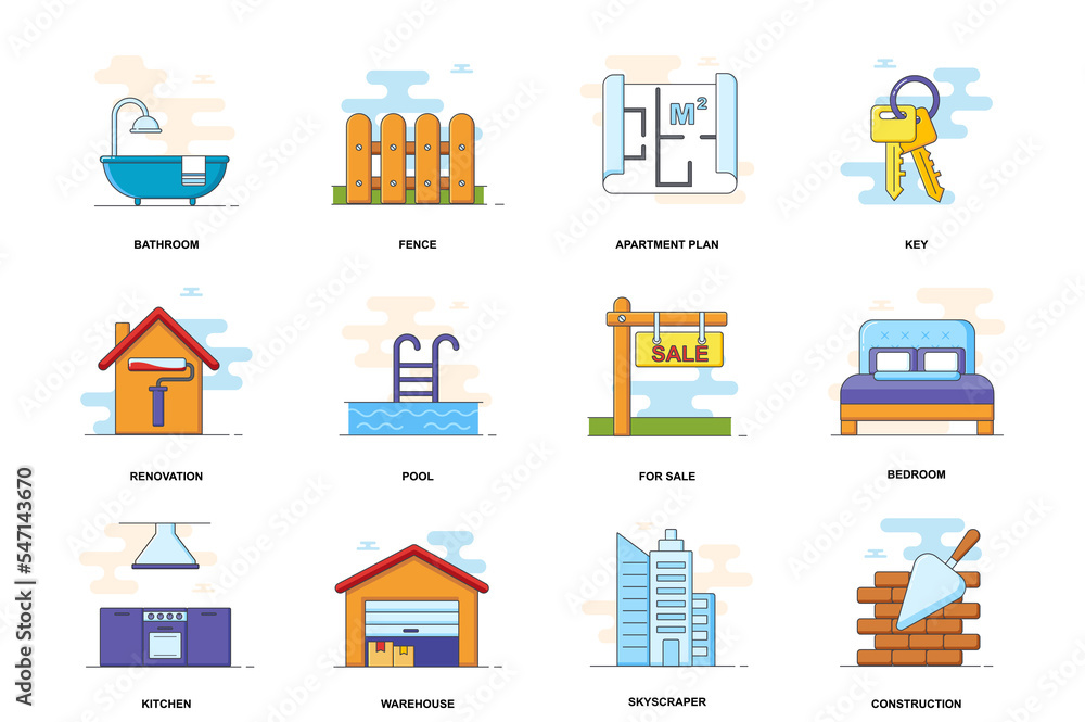 Real estate web concept stroke flat line icons isolated set. House or ...