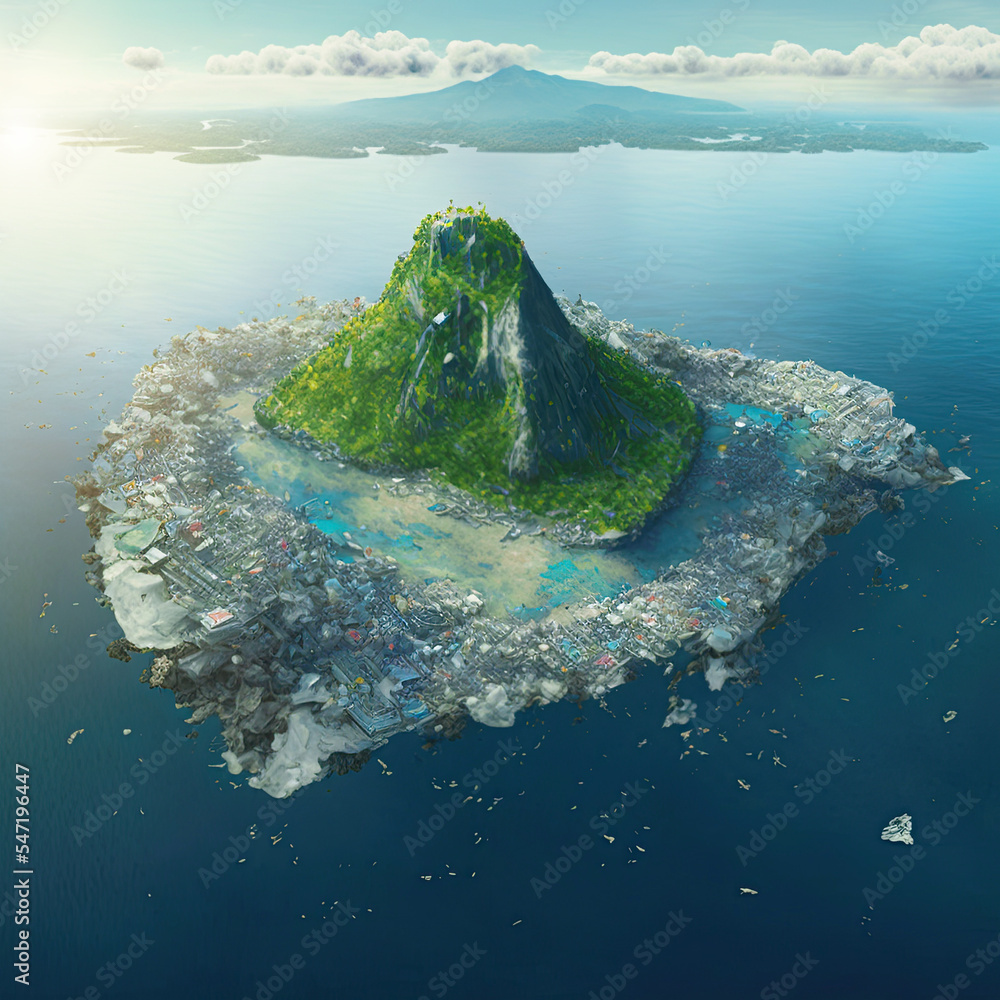An aerial view of an island full of plastic, also known as the Great ...