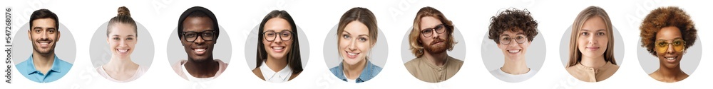 Collection of portraits and faces of group of diverse young people for ...