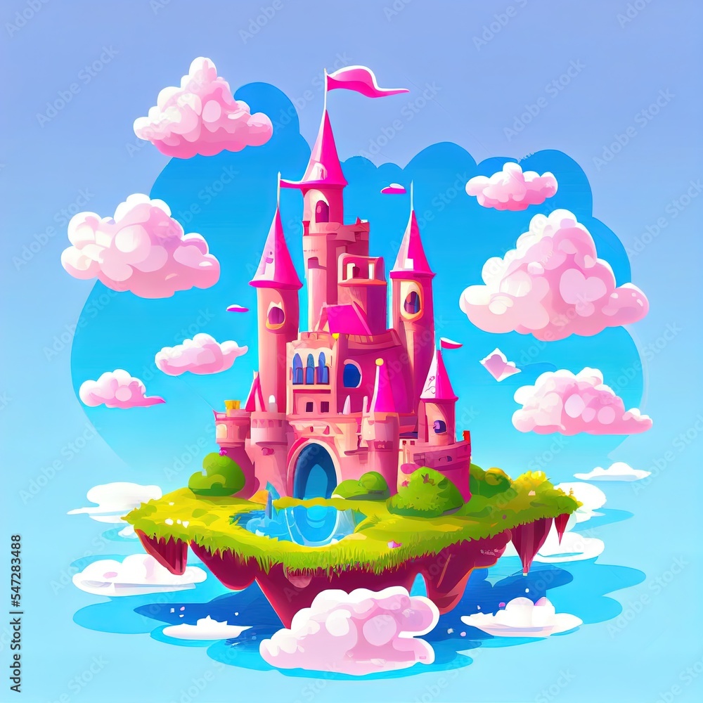 Pink magic castle on floating island in blue sky with fluffy clouds ...