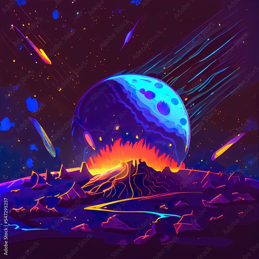 Earth view at night from alien planet, neon space background with ...