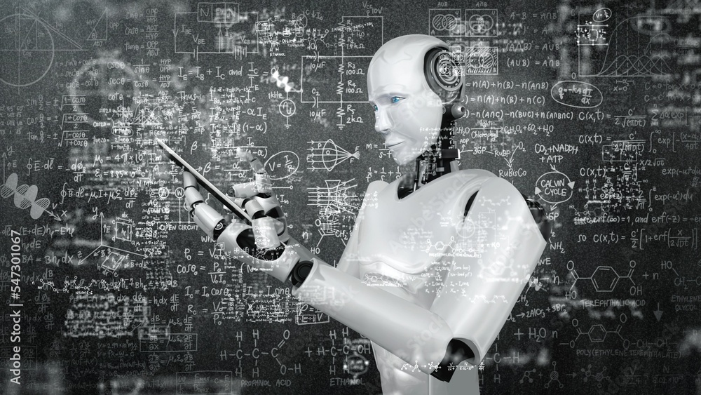Robot hominoid use mobile phone or tablet for engineering science studying using AI thinking ...