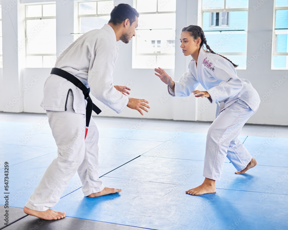 Karate, martial arts and man and woman fight, battle or practice ...