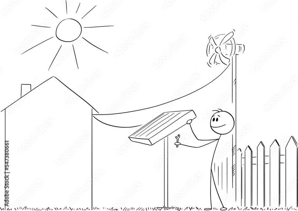 Stock-Vektorgrafik „Person Installing Solar Panel and Wind Turbine on ...