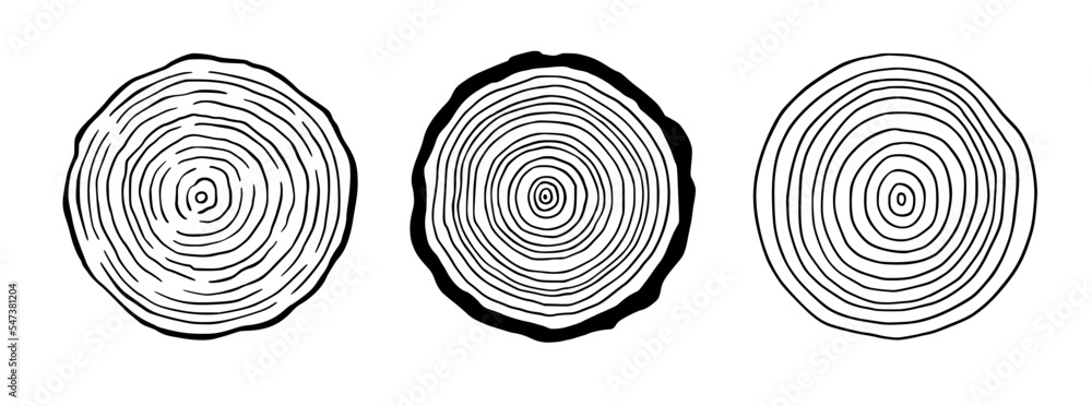 Tree ring wood circle set. Hand drawn tree ring pattern, line ripple ...