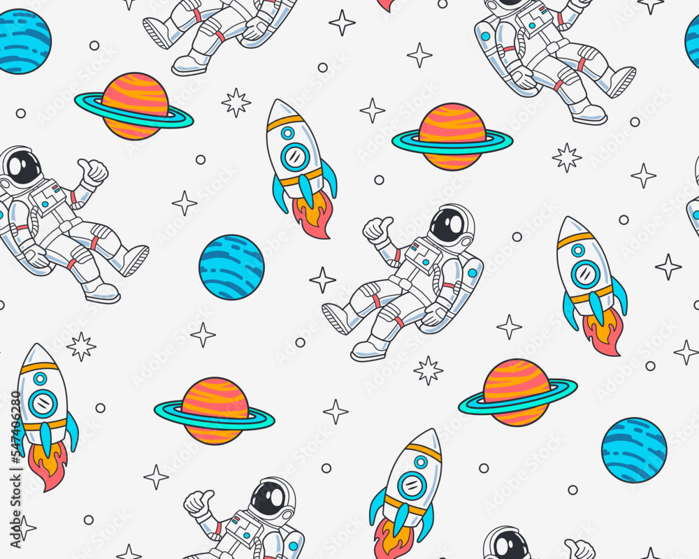 Hand-drawn space elements seamless pattern. Space background. Space doodle illustration. Vector ...