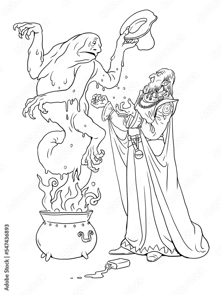 Evil wizard with his creature. Coloring page with the magician ...