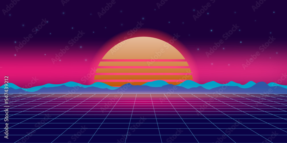 Vector futuristic synth retro wave illustration in 1980s posters style ...