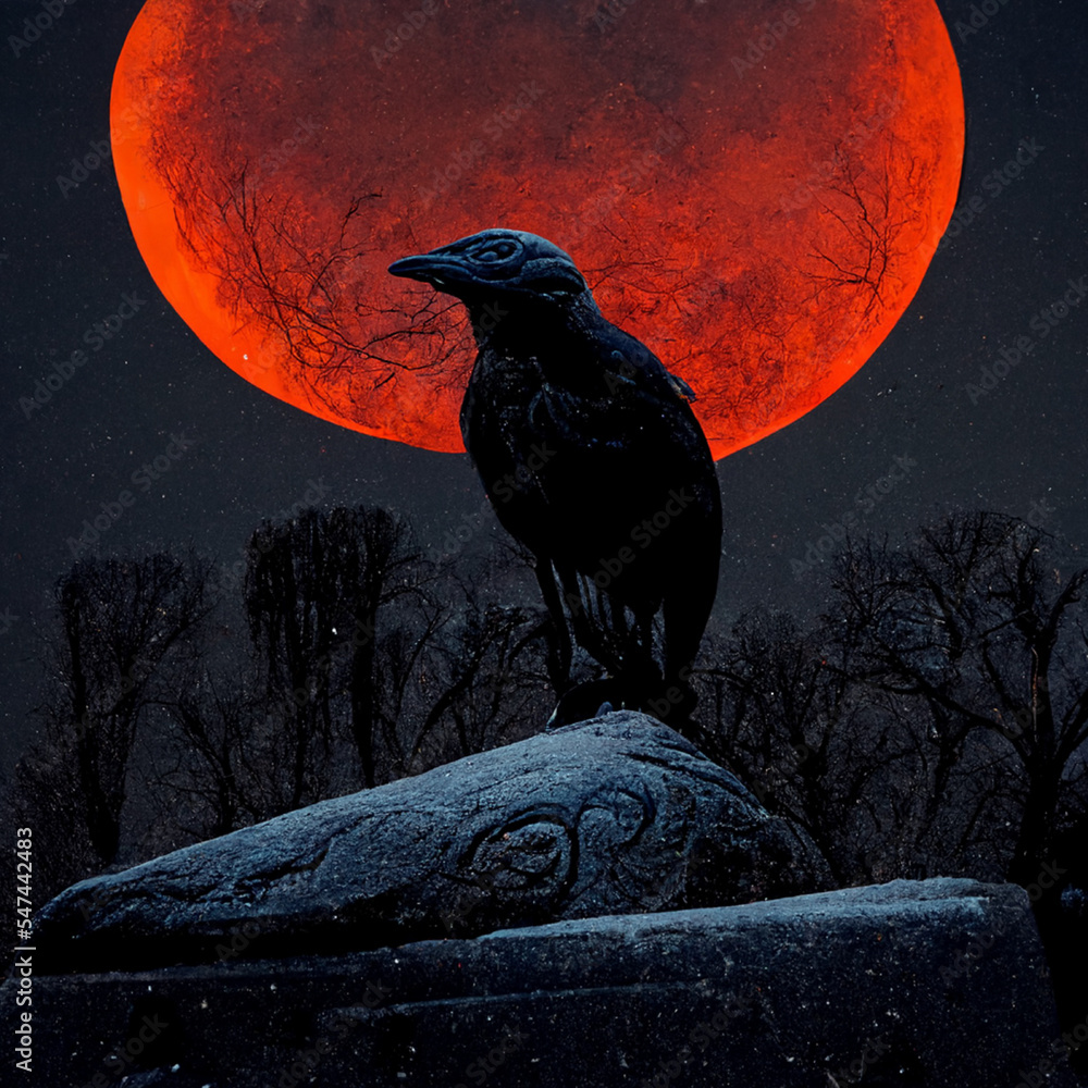 raven and red moon Stock Illustration | Adobe Stock