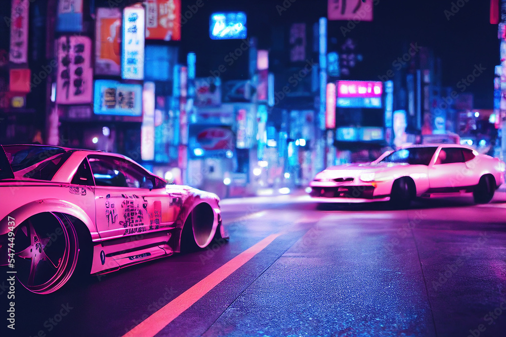 two tuned pink racing cars in tokyo with neon lights, JDM Japanese ...