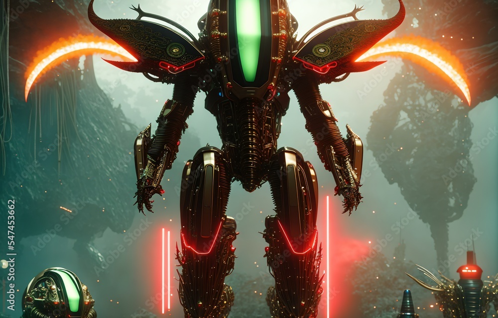 futuristic alien robot with green glowing face red and orange energy ...