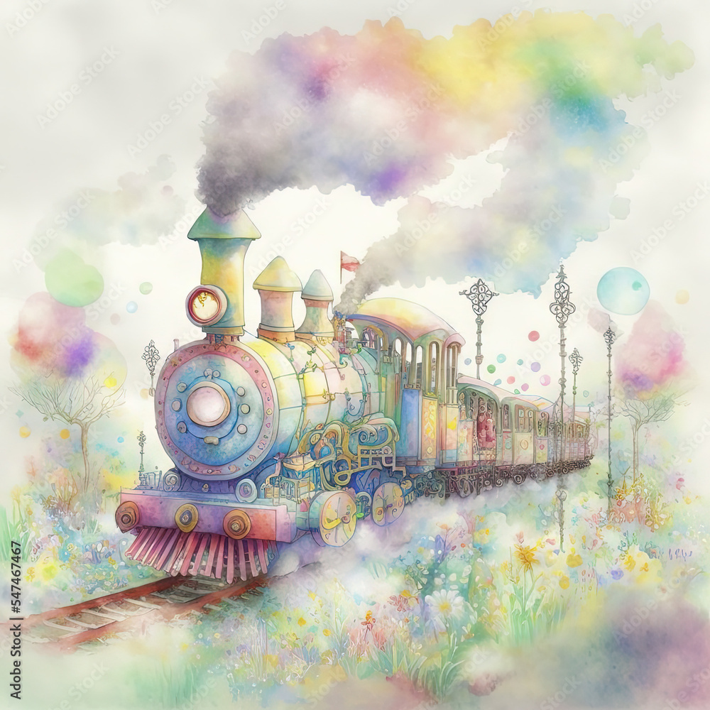 watercolor train with pastel rainbow smoke and cartoon like quality ...