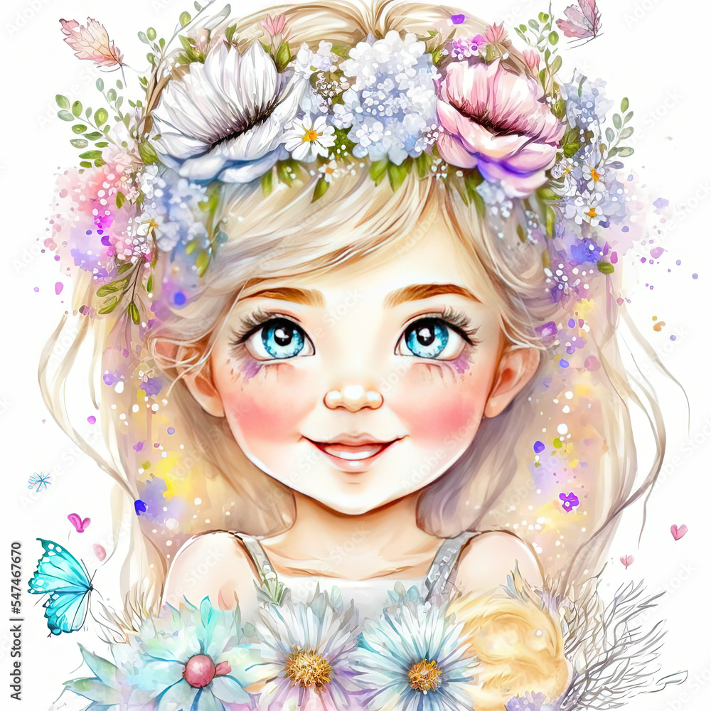 Adorable little girl, watercolor, vector, splash of color, animated ...