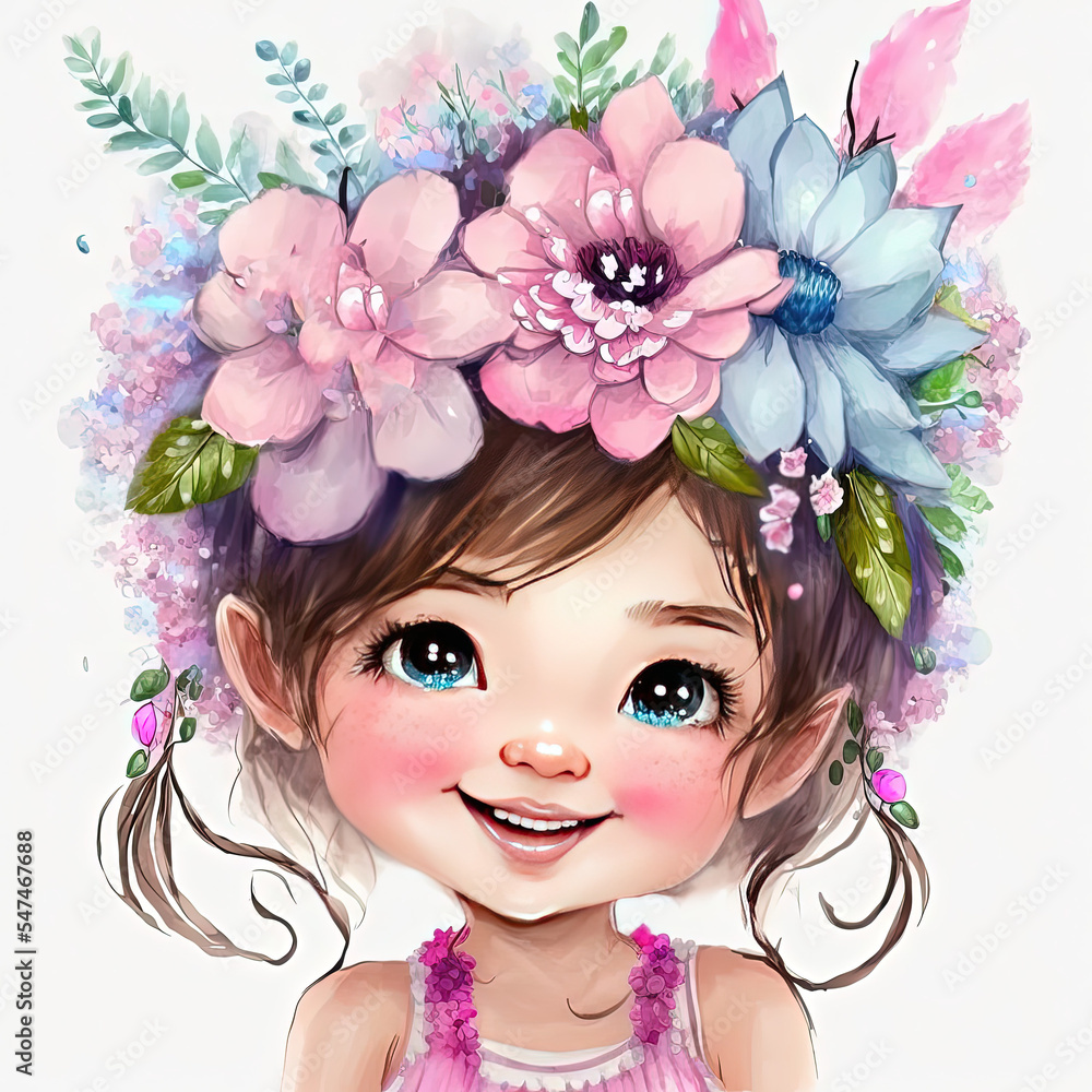 Adorable little girl, watercolor, vector, splash of color, animated ...