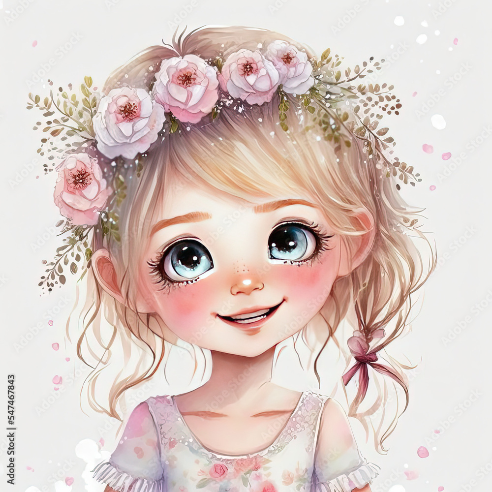 Adorable little girl, watercolor, vector, splash of color, animated ...