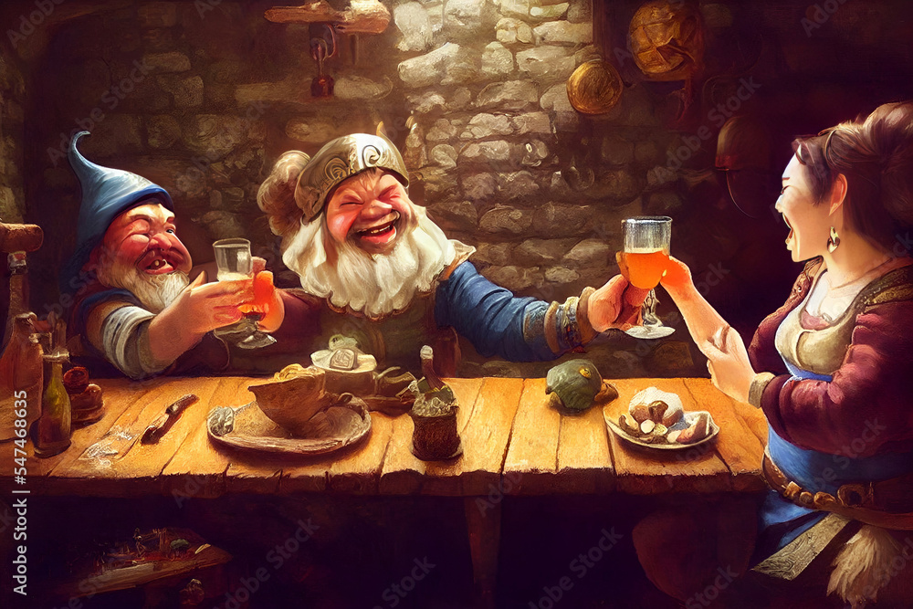 Digital Oil Painting. Gnomes Drinking in a Pub with a Female Halfling ...