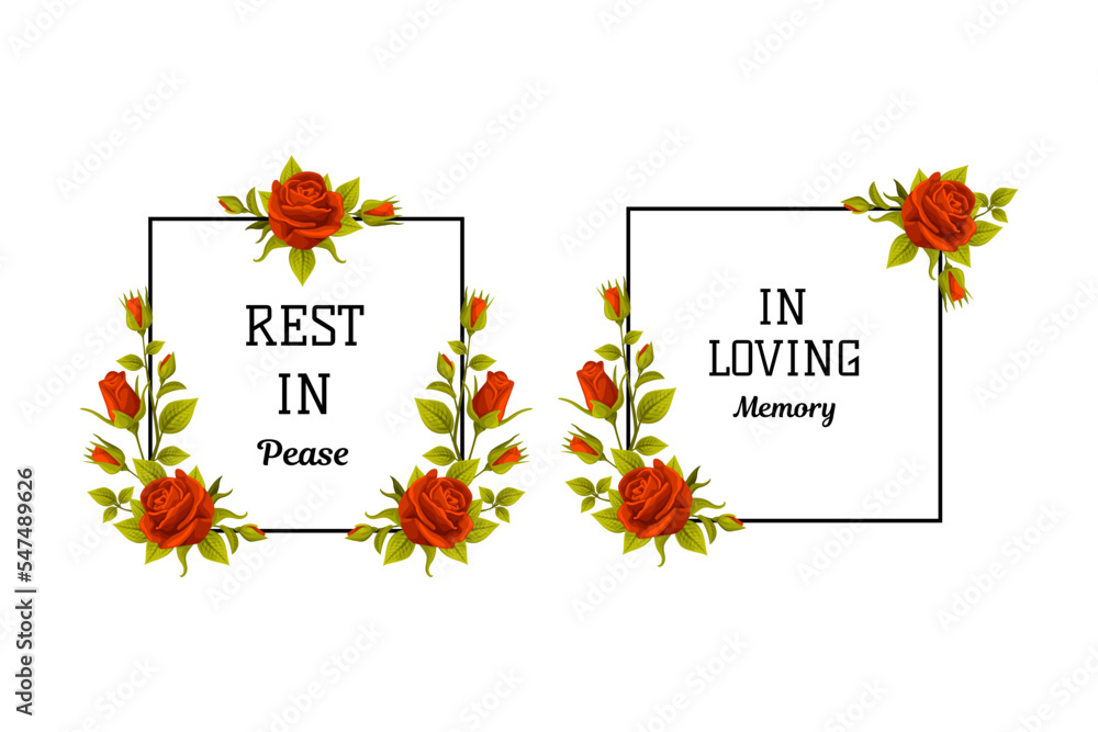 Funeral Red Rose Frame with Quote and Inscription Vector Set Stock ...