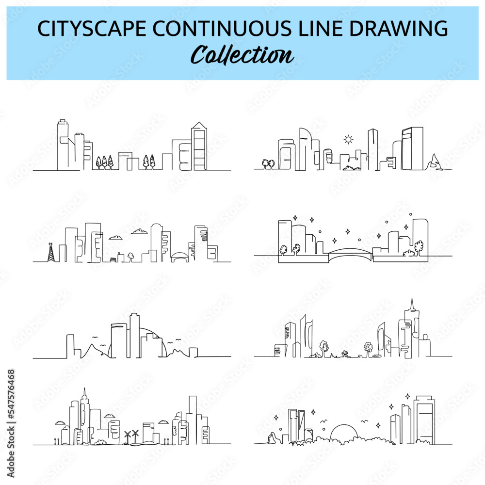 Set of cityscape line design. Beautiful city view. Decorative elements ...