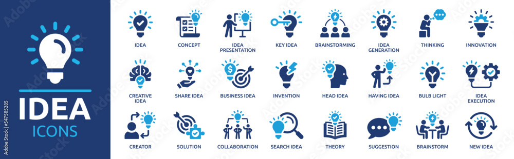 Idea icon set. Creative idea, brainstorming, solution, thinking and ...