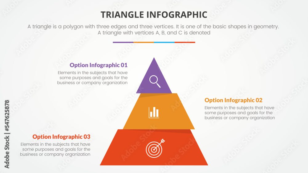 infographic triangle concept for slide presentation with 3 point list with flat pyramid cut ...