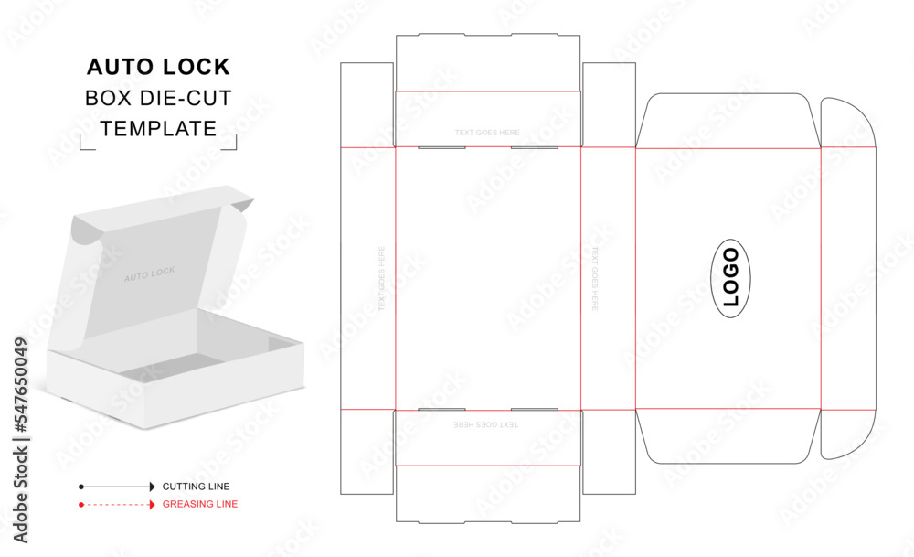 Auto lock box die cut template with 3D blank vector mockup for food ...