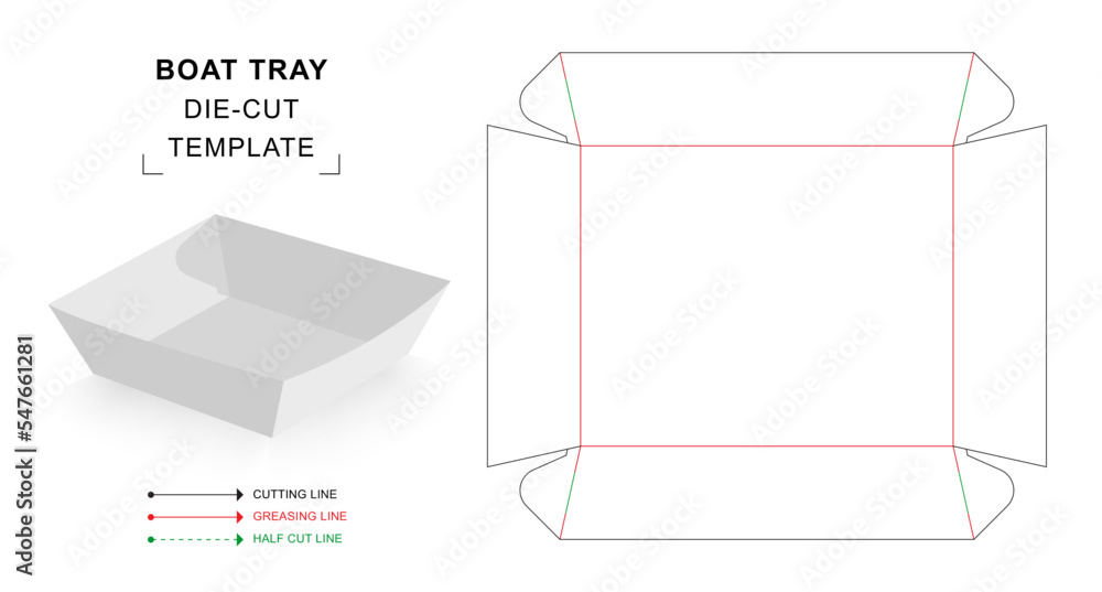 Boat tray die cut template with 3D blank vector mockup for food ...