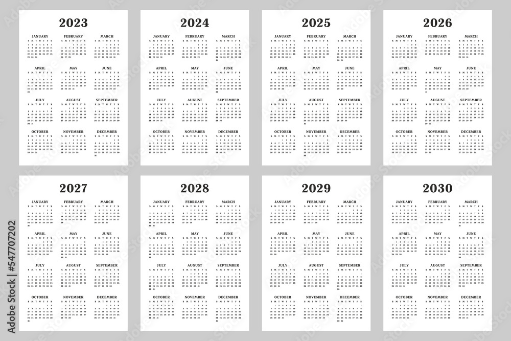 Calendar 2023, 2024, 2025, 2026, 2027, 2028, 2029, 2030 years, black letters on white background ...