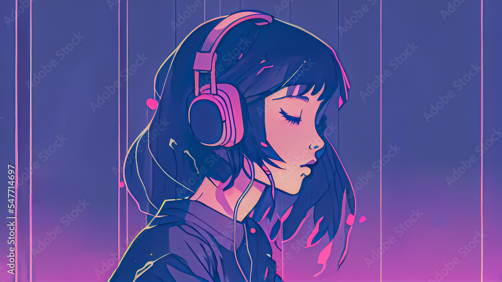 Beautiful anime girl listening to lofi hip hop music with headphones ...