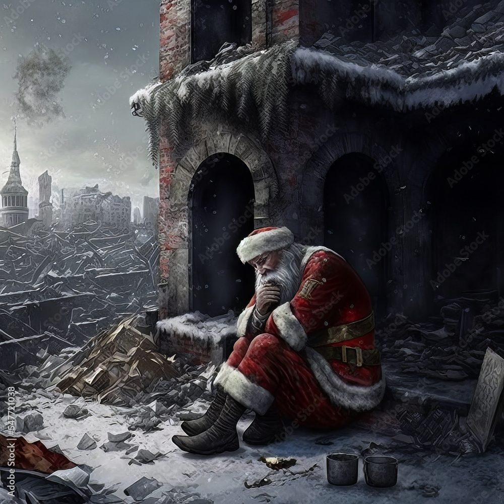 Drawing of santa claus upset and disappointed in bombarded ukraine city ...