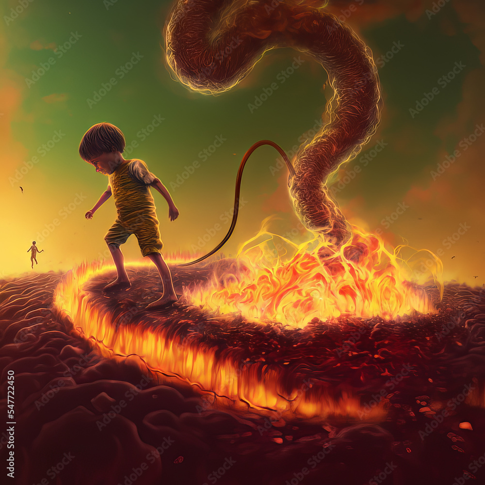 AI cartoon of a young brave child playing with a huge fire creature ...