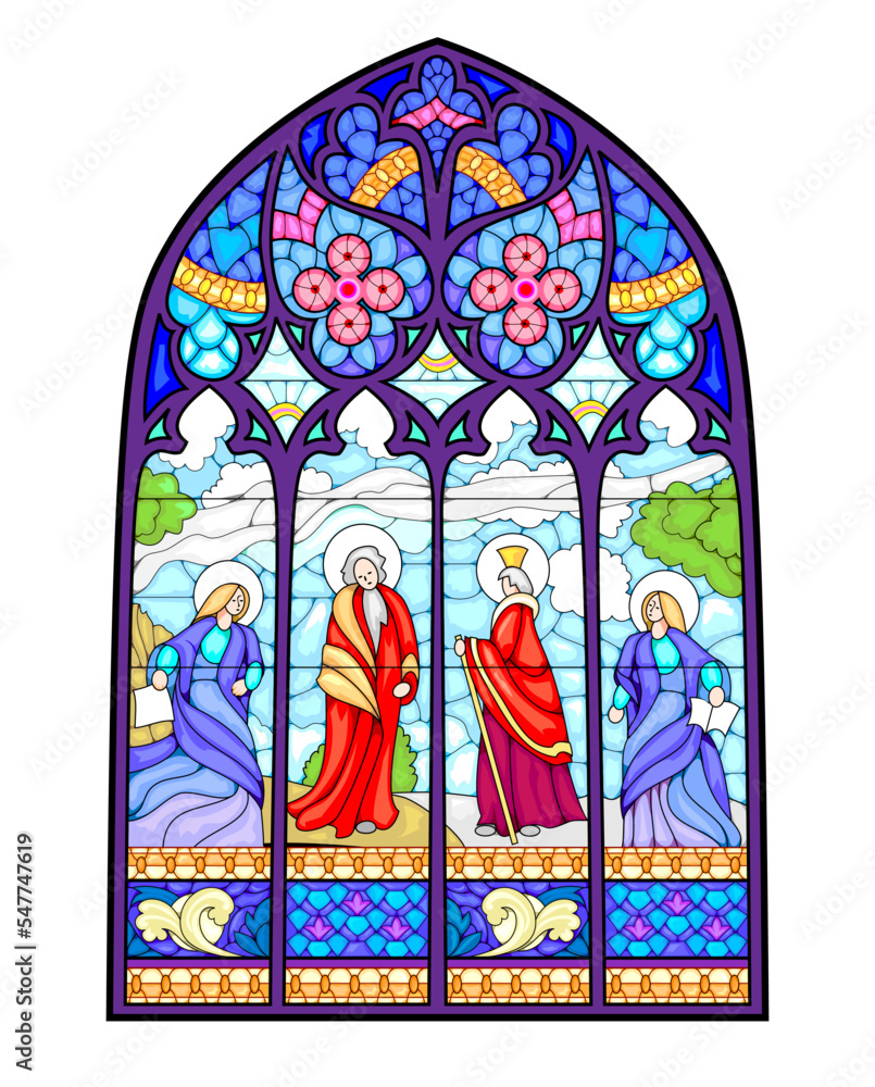Beautiful colorful medieval stained glass window. Gothic architectural style. Christian ...