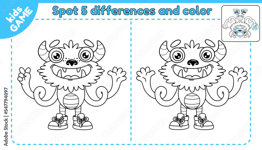 Game spot 5 differences and coloring page. Educational activity and ...