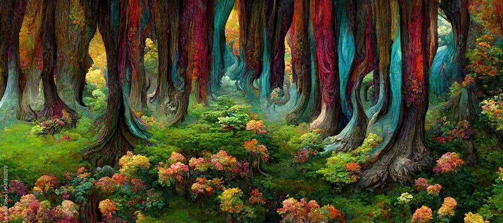 Abstract magical fantasy woods - vibrant autumn fall colors, misty fog ...