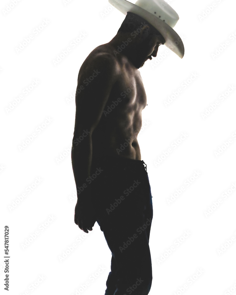 silhouette of attractive muscular cowboy shirtless with bare chest and ...