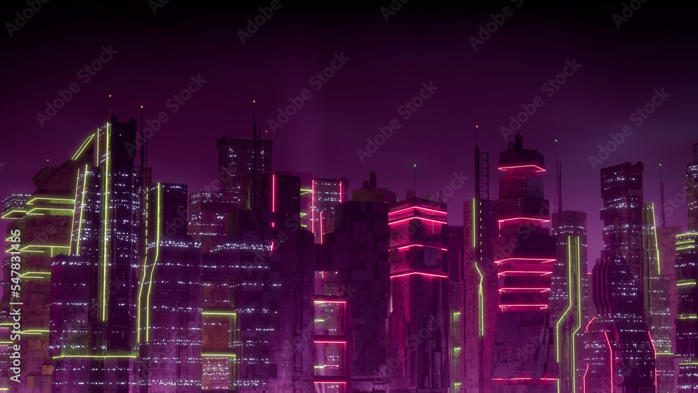 Sci-fi Cityscape with Pink and Yellow Neon lights. Night scene with ...