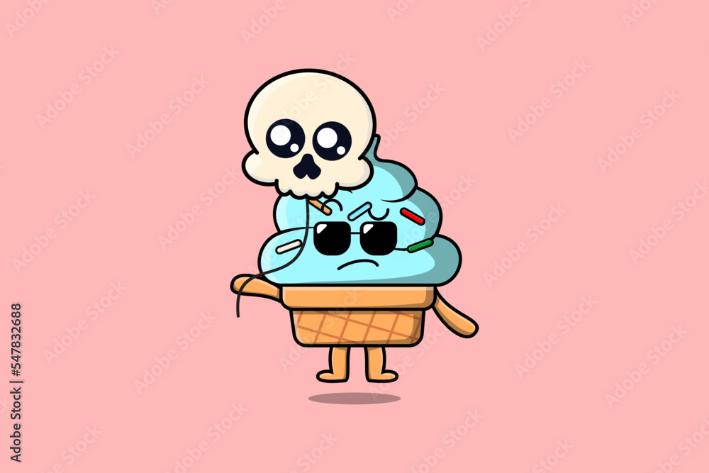 Cute cartoon Ice cream floating with skull balloon in flat cartoon ...
