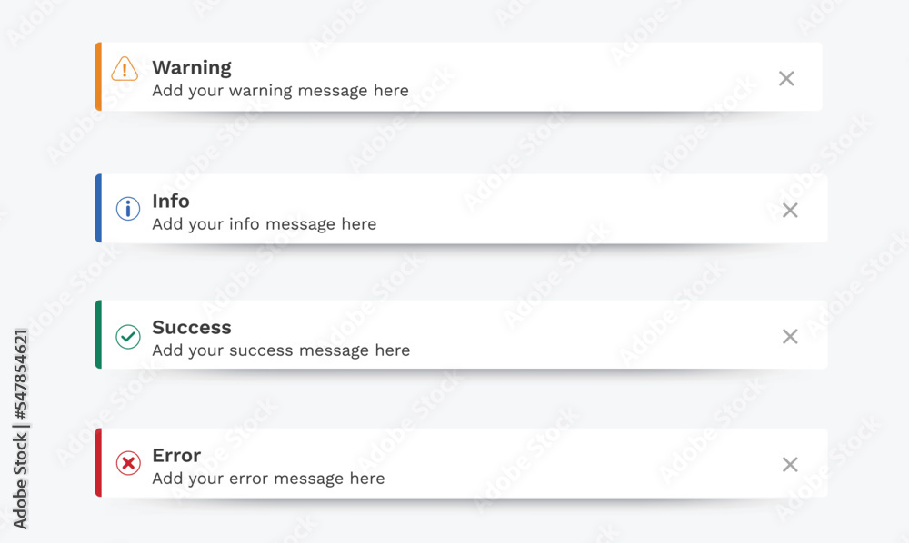 Vector de Stock Notification messages, Success, Warning, Error, Info ... Vector de Stock Notification messages, Success, Warning, Error, Info ...
