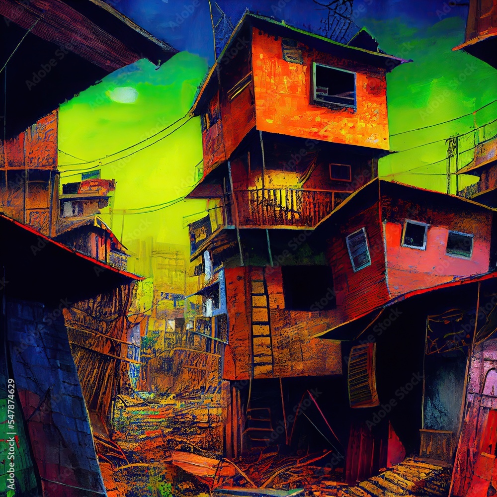 Colorful and vibrant yellow and orange shantytown at sunrise ...