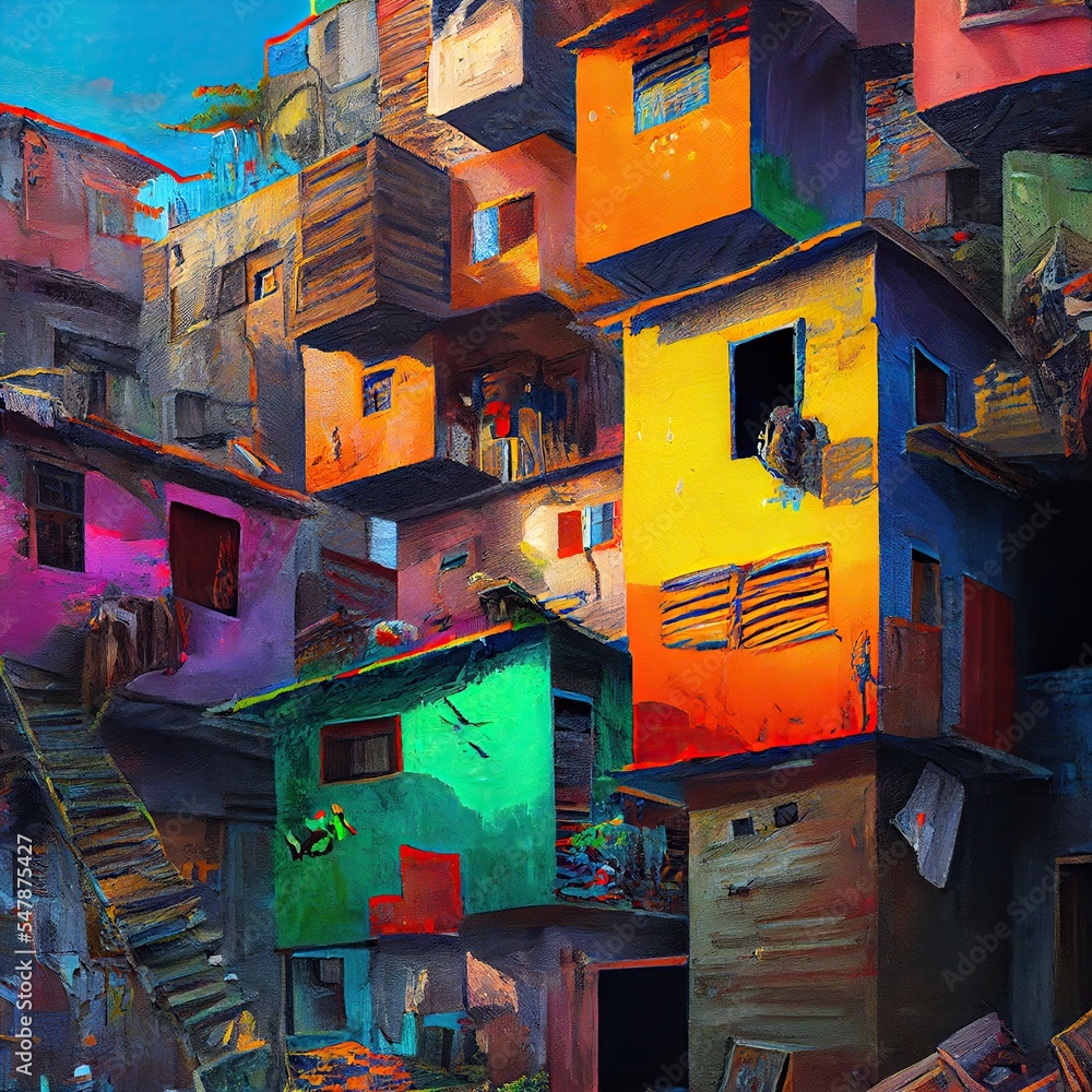 Colorful and vibrant yellow and orange shantytown at sunrise ...