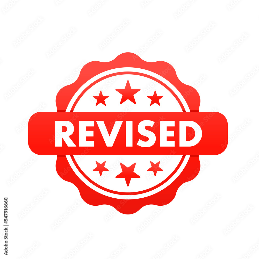 Grunge red revised wording with star icon round rubber seal stamp on ...