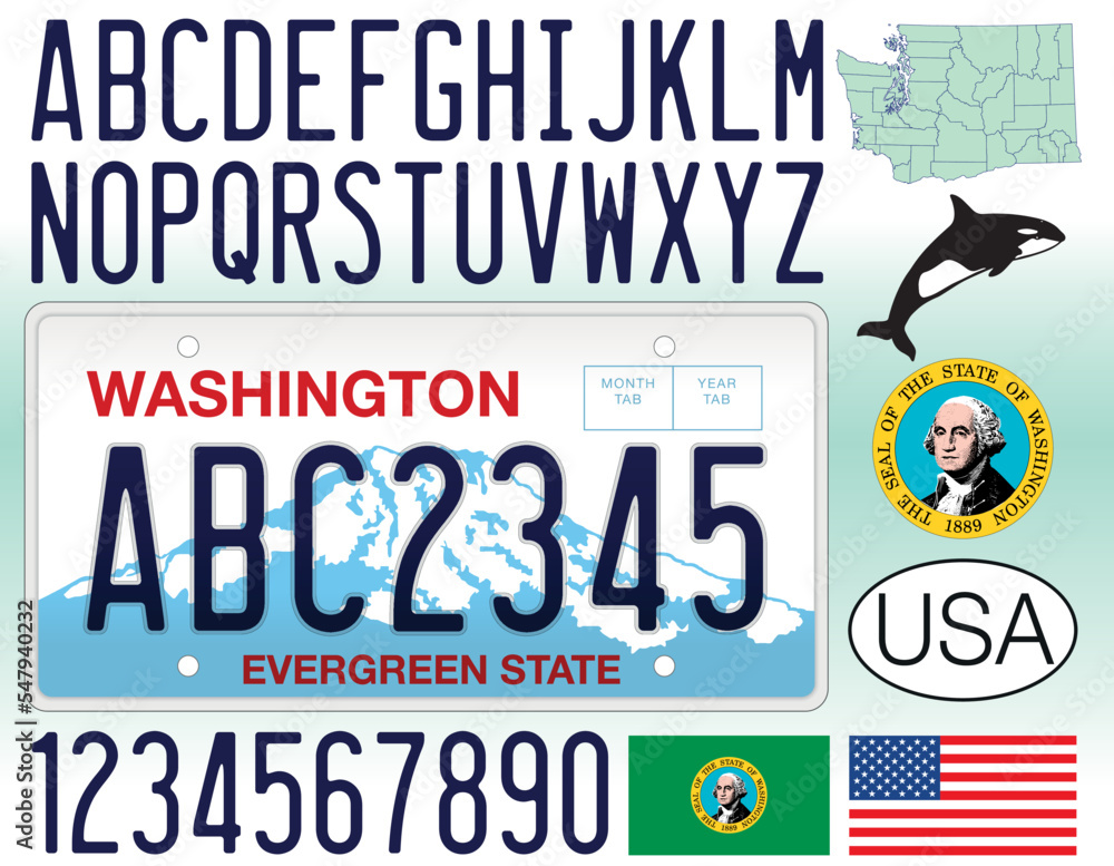 Washington US State car license plate, letters, numbers and symbols ...