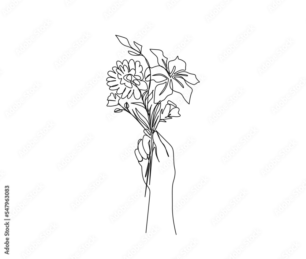 Continuous line drawing of hand holding beautiful flowers. Bouquet of ...