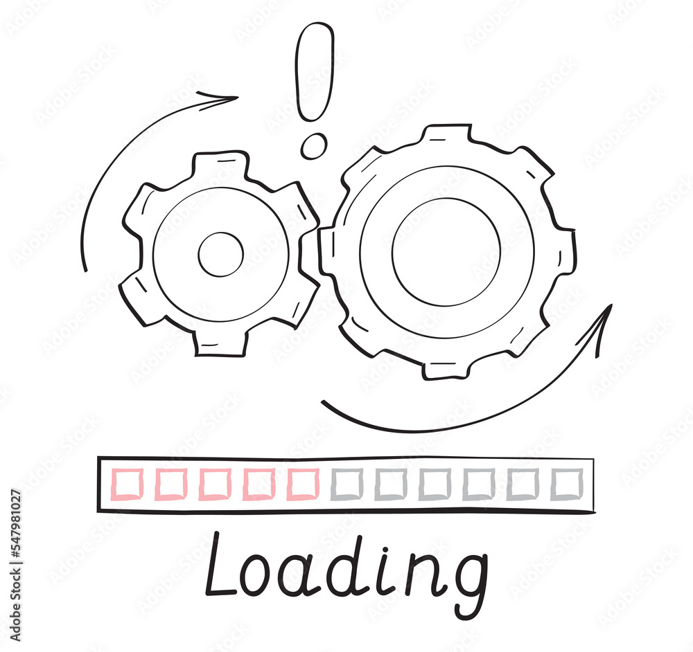 Gears rotates, loading progress bar vector style in doodle style. Load ...