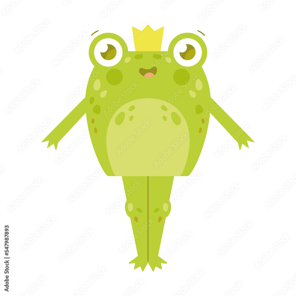 Cute happy toad standing with a crown on his head flat vector ...