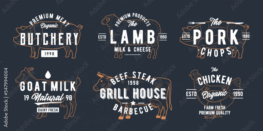 Farm animals logo set. Butchery, Grill, Meat, Dairy logos. Cow, Goat ...
